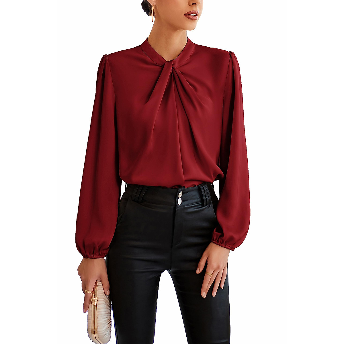 Ladies Workwear 2023 Trendy Summer Fall Mock Neck Lantern Long Sleeve Blouse Shirt Twist Front Top Wine Red XXL