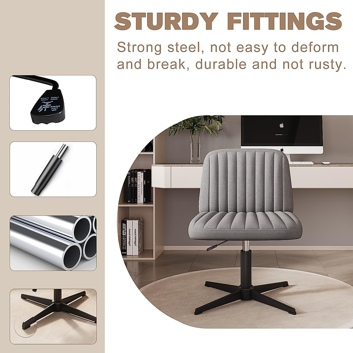 Armless Criss Cross Chair Comfy Office Chair with Lumbar Support Pillow Home Office Desk Chair No Wheels Computer Chair Vanity Chair for Makeup Room, Living Room Chairs (Grey+Black Base)