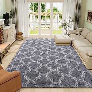 HOMORE 8x10 Large Area Rug for Living Room, Grey and White Bedroom Rug, Modern Big Fluffy Rugs Soft Furry Shaggy Faux Fur Rug for Farmhouse Decor, Aesthetic Rugs for Kids Home Indoor Floor