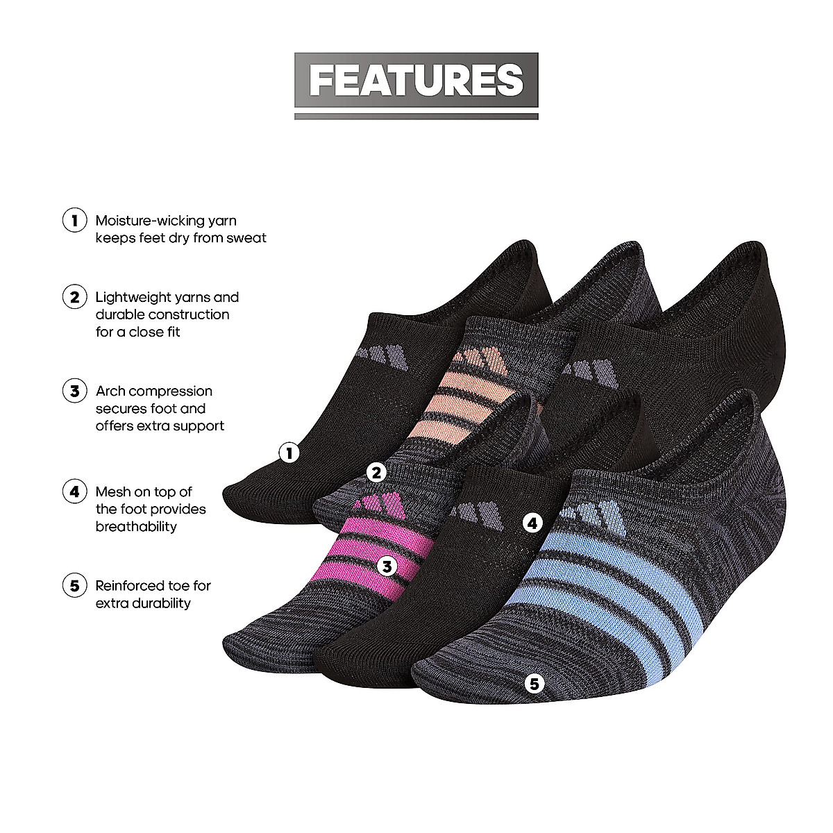 adidas Women's Superlite Super No Show Socks (6-Pair), Black/Blue Fusion/Onix Grey, Medium