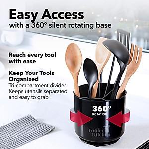 Rotating Extra Large Utensil Holder Crock with No-Tip Weighted Base, Removable Divider, And Gripped Insert - Dishwasher Safe Kitchen Utensil Holder For Kitchen Counter: Cooking Black Utensil Caddy