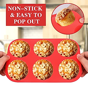 2PCS Silicone Muffin Pans Non-Stick Cupcake Pan 6 Cup Mini Muffin Pan,Reusable Muffin Baking Silicone Mol ds,Muffin Tin For Muffin,Cupcake,Brownie,2 Trays Overlapped(Red,size:9.45x6.5x1.57inch)