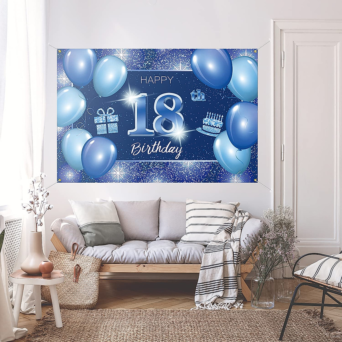 Happy 17th Birthday Backdrop Banner Decor Blue – Dot Glitter Sparkle 17 Years Old Birthday party Theme Decorations for Boys Girls Supplies
