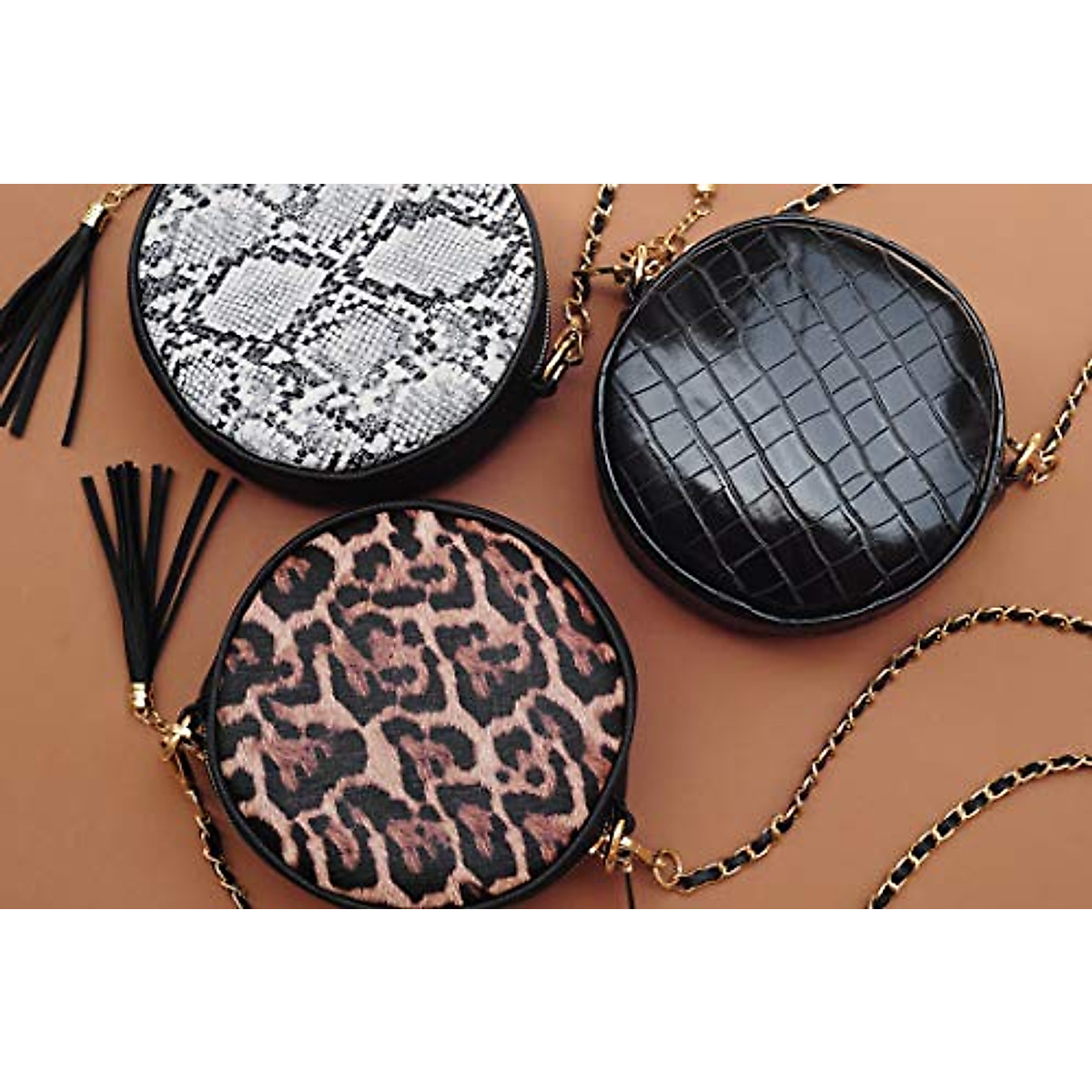 Women Round Cross Body Bag Tassel Circle Purse Chain Shoulder Handbag Clutch Wristlet (Leopard)