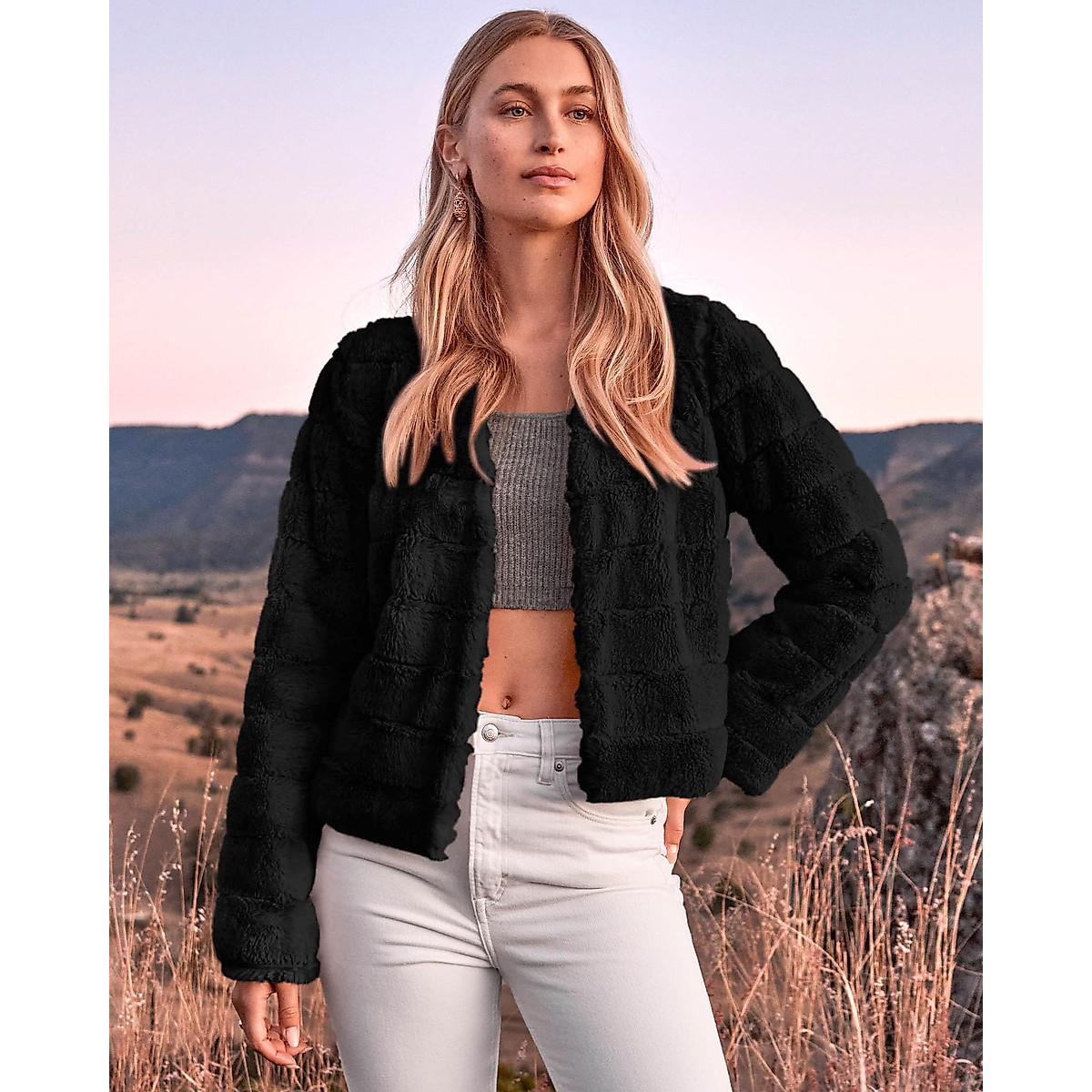 BTFBM Women's Faux Fur Coat Open Front Warm Winter Long Sleeve Outwear Shaggy Jackets Parka Short Cardigan Jacket(Solid Black, Large)