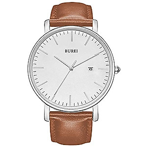 BUREI Men's Fashion Wrist Watch Minimalist Simple Watches for Men Ultra Thin Watch Analog Quartz Watches Leather Strap Watches with Date (Silver Brown)