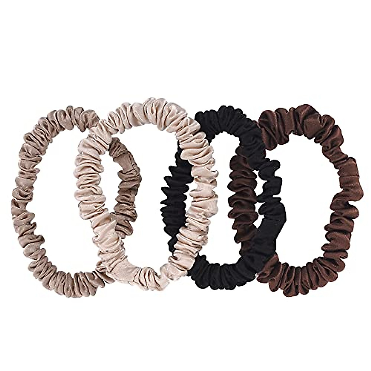 SILKIE x4 Set 100% Pure Mulberry Silk Black Brown Skinny Scrunchies Travel Pouch Everyday Hair Ties Elastics Hair Care Ponytail Holder No Damage (Chocolate)