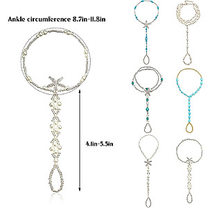 Hicarer 12 Pieces Feet Jewelry Barefoot Sandals Toe Rings Foot Chains Starfish Faux Pearls Elastic Beaded Turquoise Anklet Chains Jewelry with Rhinestone Ring for Women Wedding Beach Wearing