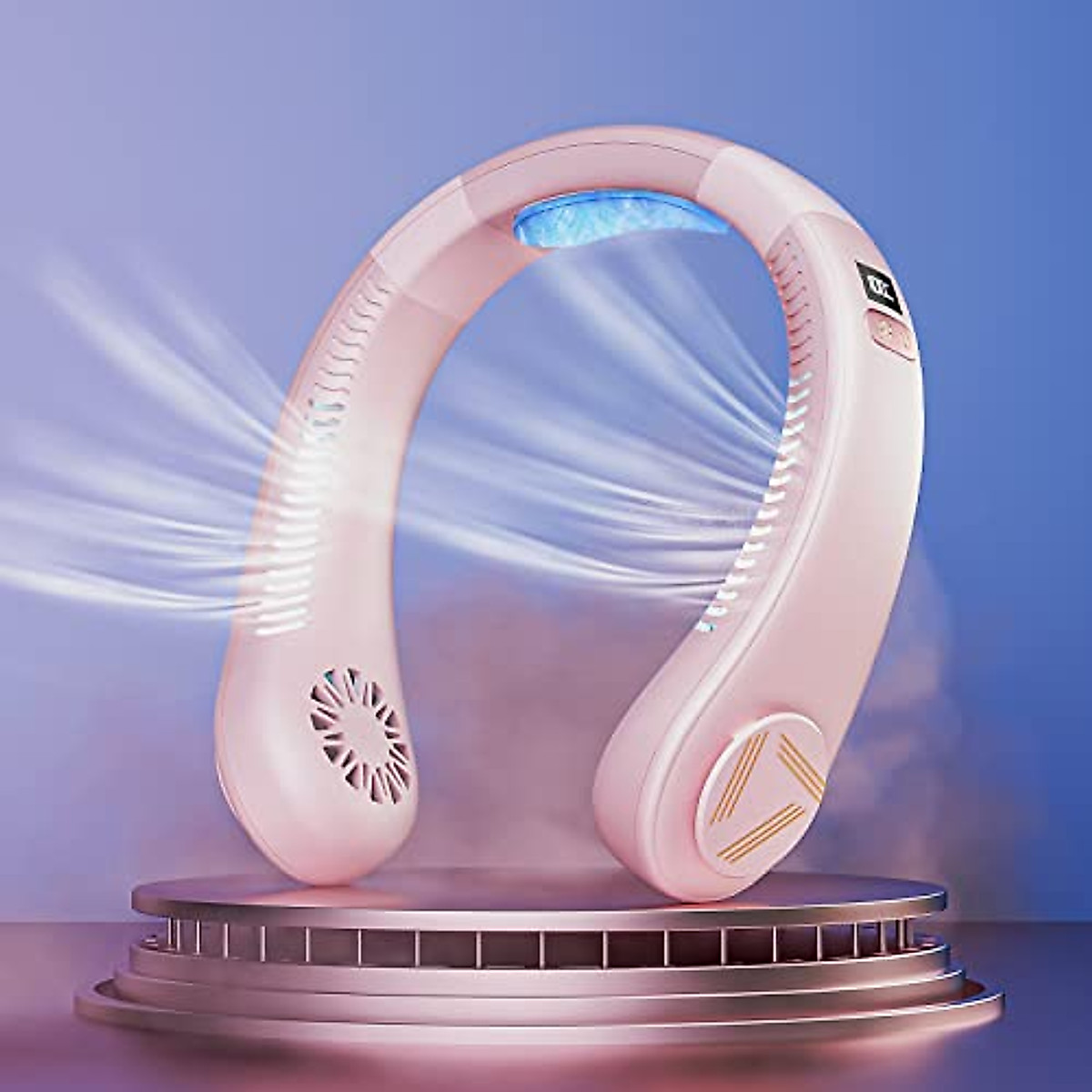 Dyteue Neck Fan Portable Air Conditioner Cooling Neck Fans Personal Bladeless Fan 4000 mAh Rechargeable Leafless USB Fan, 360° 1s Cooling&3 Speeds Blowing, Lightweight Wearable Fan (Pink)