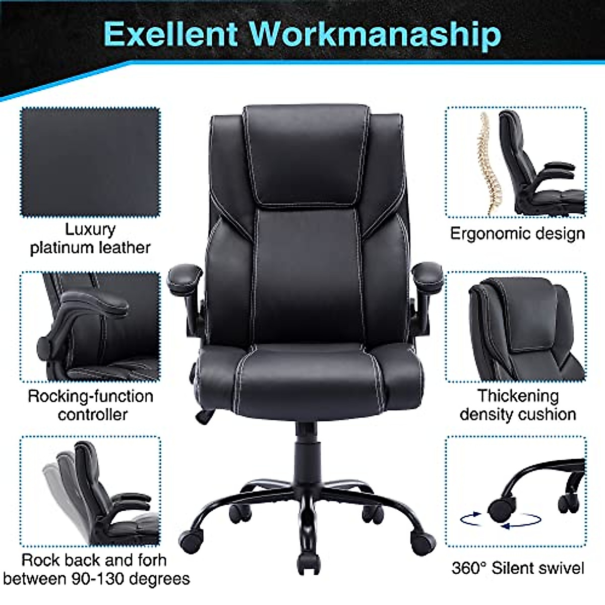 GNMLP2020 Ergonomic Office Chair,Adjustable Computer Chair with Flip-up Armrest,Comfortable PU Leather Task Chair for Heavy People,Rolling Swivel Task Chair Thick Bonded Soft Chair (Black)