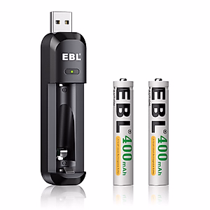 EBL Rechargeable AAAA Batteries 2 Counts 400mAh with Smart AAAA Battery Charger - High Capacity Ni-MH 1.2V 1200 Cycles for Surface Stylus Pen
