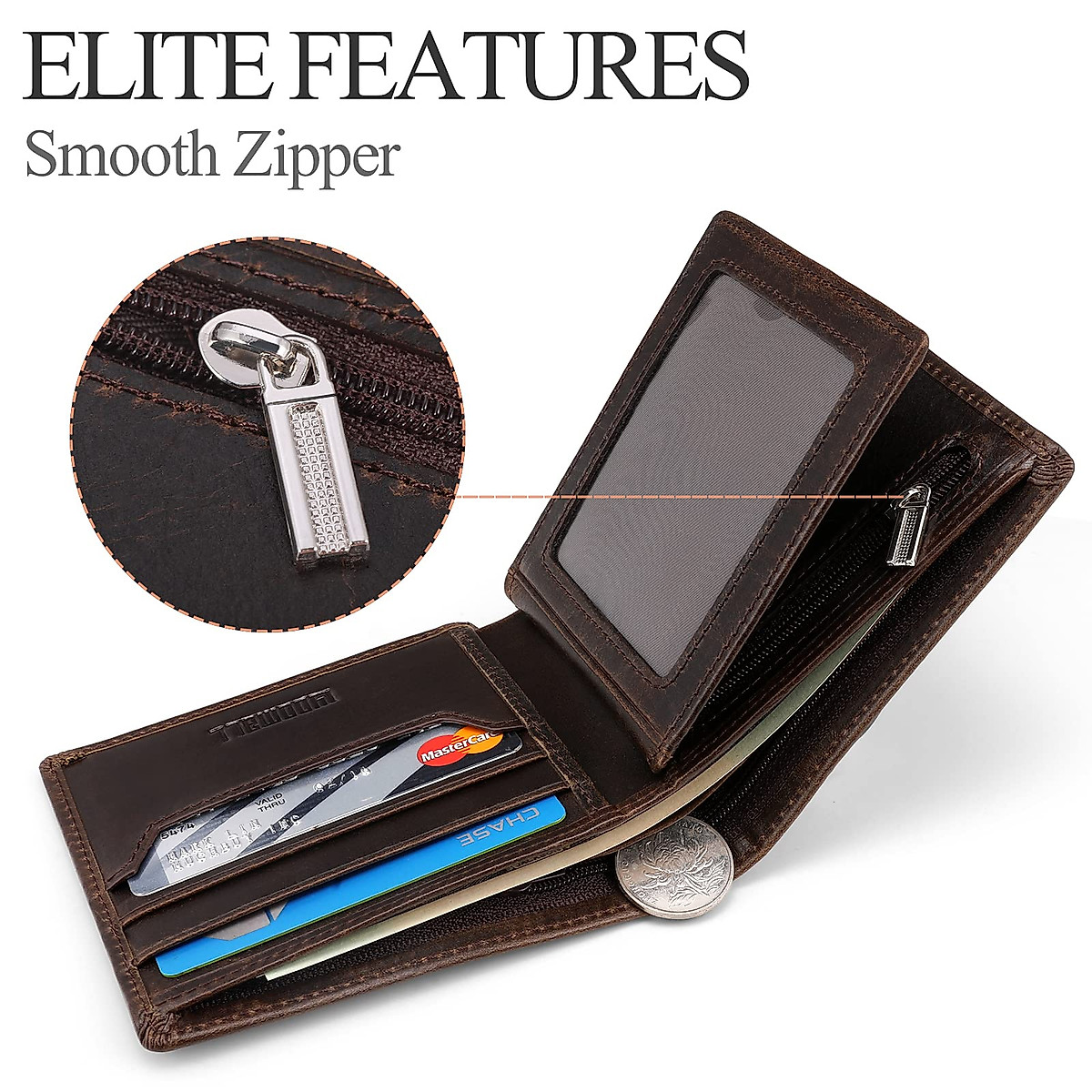 LYOOMALL Wallet for Men, Large Capacity Genuine Leather RFID Blocking Bifold Wallet/Credit Card Holder for Men, with Coin Pocket, Zipper Cash Pocket, ID Window and 10 Card Slots