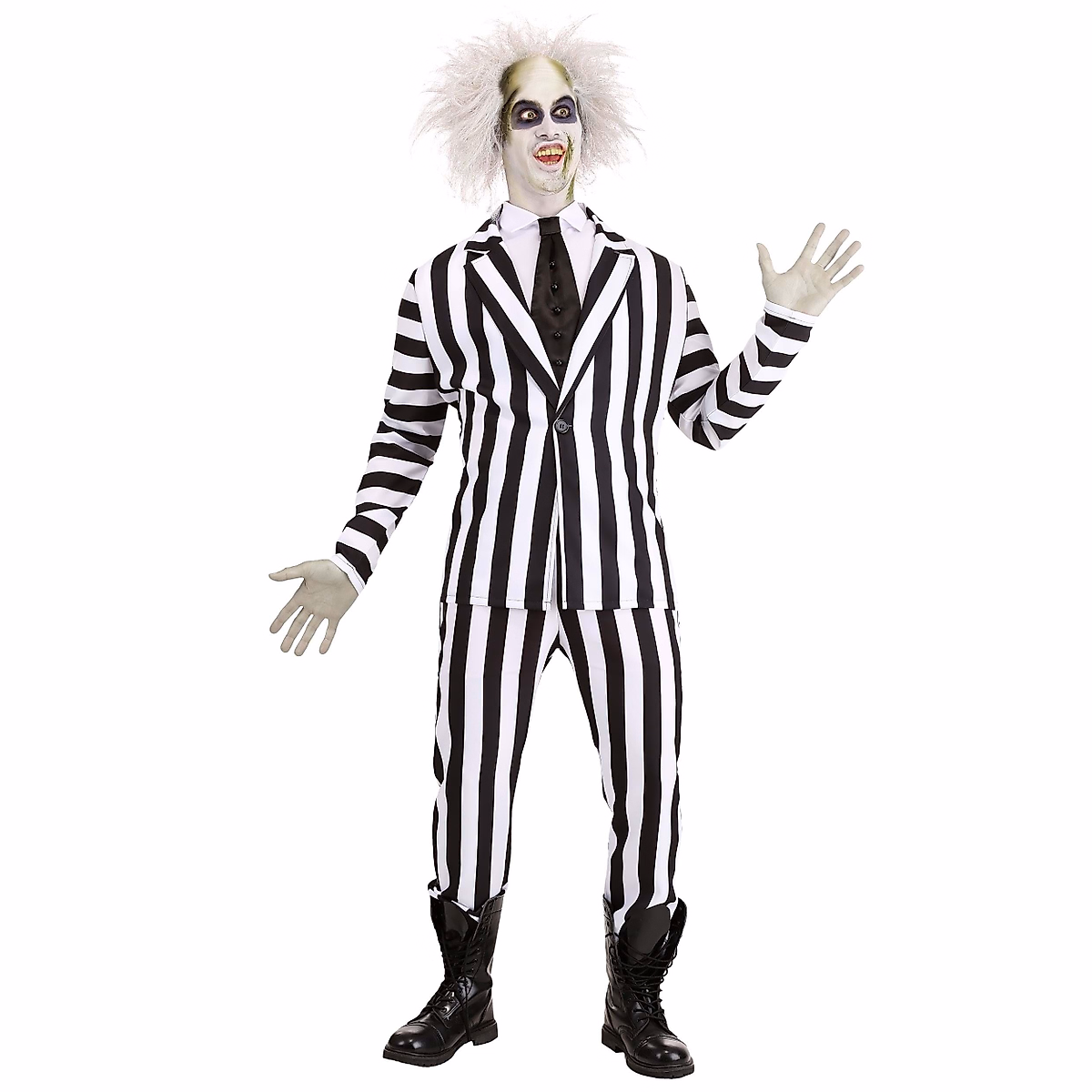 Plus Size Beetlejuice Costume - Black & White Striped Tuxedo Jacket, Pants, and Attached Shirt & Tie, Officially Licensed 3X