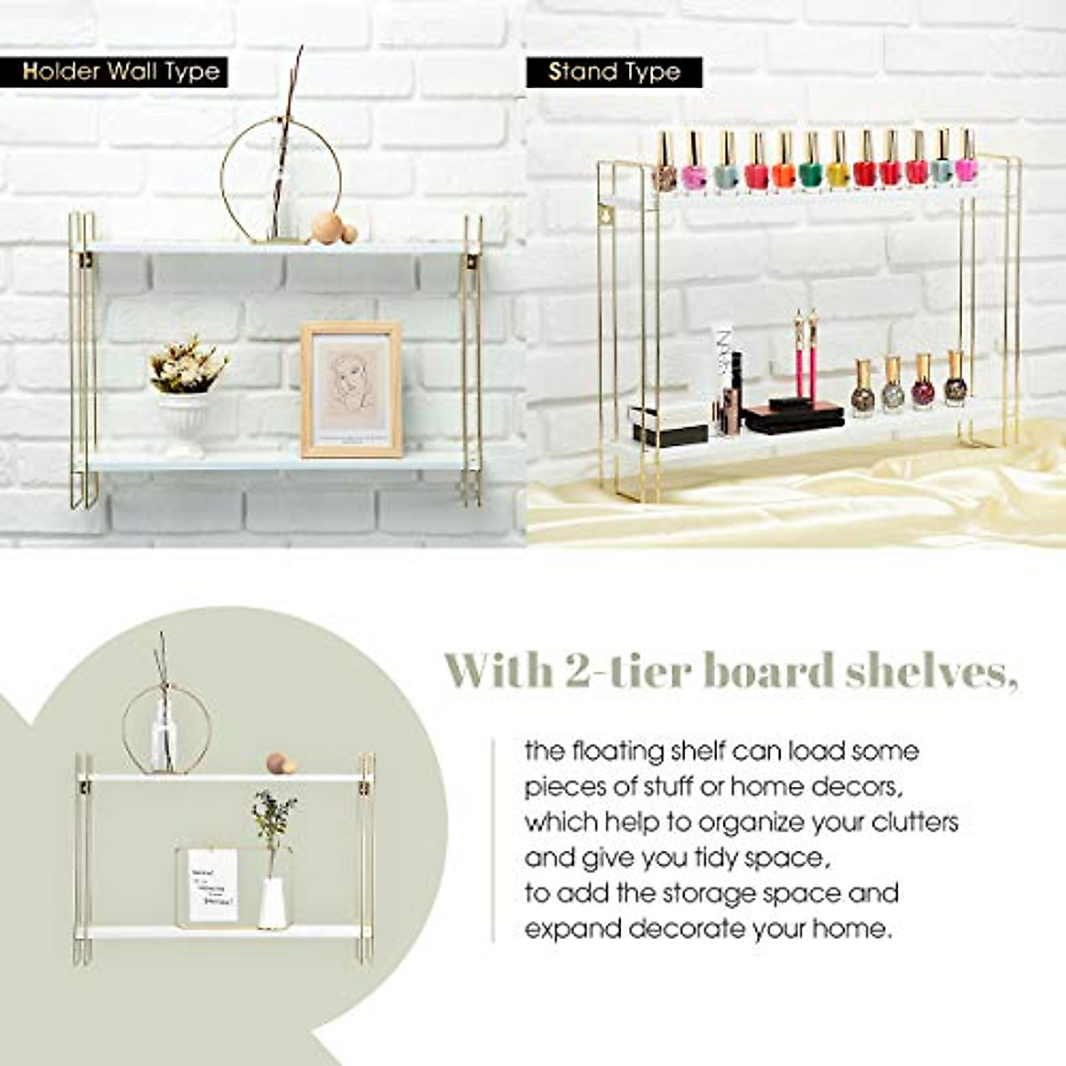 J JACKCUBE DESIGN White and Gold Floating Shelf, 2 Tier Wall Mount Shelves for Modern Wall Décor, Display and Storage for Living Room Bedroom, Bathroom, Kitchen -MK534A