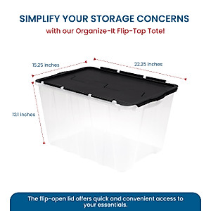 Organize-It!- 8 Pack Flip-Top Tote, 13 Gal., Storage Tote with a Clear Base, Bags for Small Item Storage, 22.25’’ L x 15.25’’ W x 12.1’’ H, Clear/Black