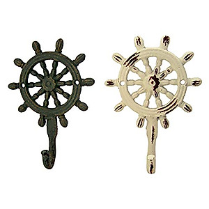 Rustic White and Teal Cast Iron Ship Wheel Wall Hooks, Set of 2, 5 3/4 Inch