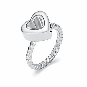 XSMZB Glass Heart Urn Cremation Rings for Ashes - Stainless Steel Memorial Finger Ring Human Pets Keepsake Jewelry for Women (Silver-8)