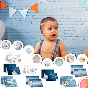 Geyoga 48 Pcs Space Thank You Cards with 48 Envelopes 48 Stickers First Trip Around the Sun Blank Cards Galaxy Planet Greeting Card Stars Moon Gratitude Cards for Baby Shower Birthday Christmas Gift