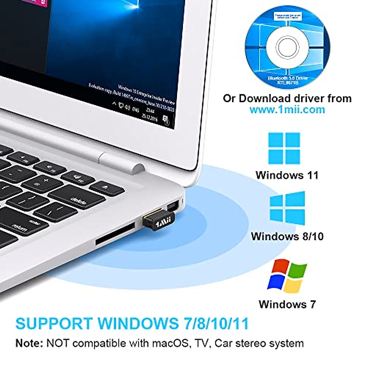 1Mii USB Bluetooth 5.0 Dongle Adapter for PC Laptop Desktop Stereo Headset, Keyboard, Mouse, Support All Windows 10 8.1 8 7 XP Vista