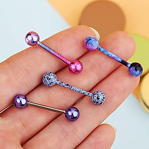Melighting 4Pcs 14G Tongue Rings Barbells 316L Stainless Steel Tongue Bars Different Splatter Color Painting Tongue Piercings Tongue Ring with Balls for Women Men Set 16mm