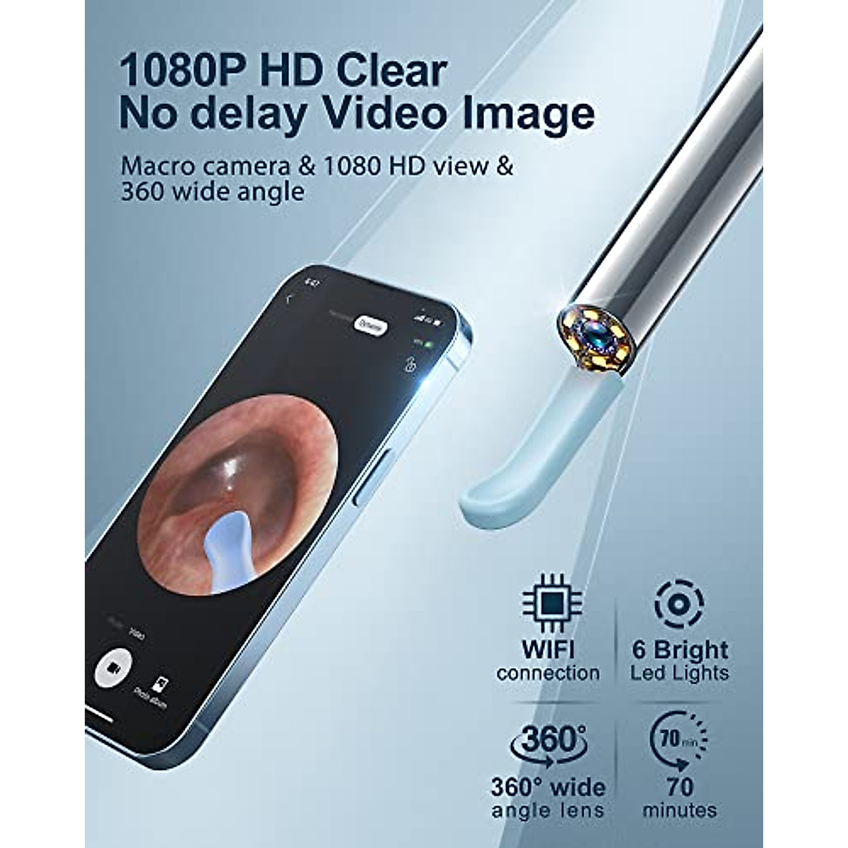 Ear Wax Removal, Ear Cleaner Camera with 1080P, Ear Cleaning Kit with 6 Ear Pick, Ear Camera for iPhone, iPad, Android Phones, with 8 Pcs Ear Set