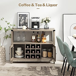SICOTAS Coffee Bar Cabinet with Storage - Farmhouse Sideboard Buffet Cabinet Wine Cabinet with Wine Rack, Boho Liquor Cabinet for Home, Kitchen Cabinet with Mesh Doors for Dining Room, Oak