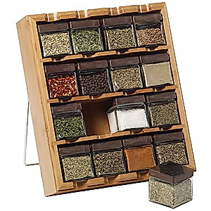 Kamenstein Bamboo Wood 16 Jar Decorative Countertop Spice Rack, with Cube Jars on shelves, Pre FIlled SPice, Filled in the USA, 5 Year Free Refills, Removable Sifter Caps with easy to refill
