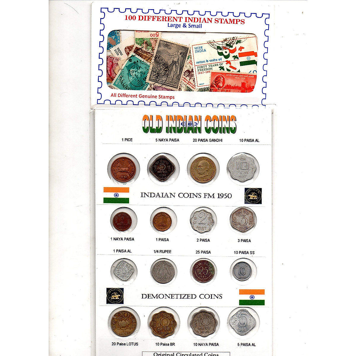 100 Different Republic India Definitive Stamps + 16 Pcs Different Old Indian Coins Superb Pack - Paise, Rupee, Gandhi Commemorative (1950-90) - Rare Historical Collectibles Set