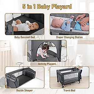 Jaoul Baby Bassinet Bedside Sleeper Baby Crib, Pack and Play with Bassinet and Changing Table, Portable Travel Baby Playpen with Bassinet Toys & Music Box, Mattress for Girl Boy Infant Newborn Gray