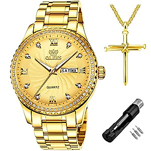 OLEVS Gold Watches for Men Diamond Luxury Wrist Watch Valentines Gifts Set Waterproof Stainless Steel Big Face Luminous Classic Casual Dress Day Date Calendar Analog Quartz Watch for Young Male