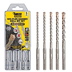 5 x SabreCut QSCK5B 7/32" 15/64" 1/4" 5/16" 25/64" x 6 19/64" Length Quattro PGM Approved Full Carbide 4 Cutter Tip Vortex Flute SDS Plus Drill Bit Mix Kit For Stone Concrete Brick Block