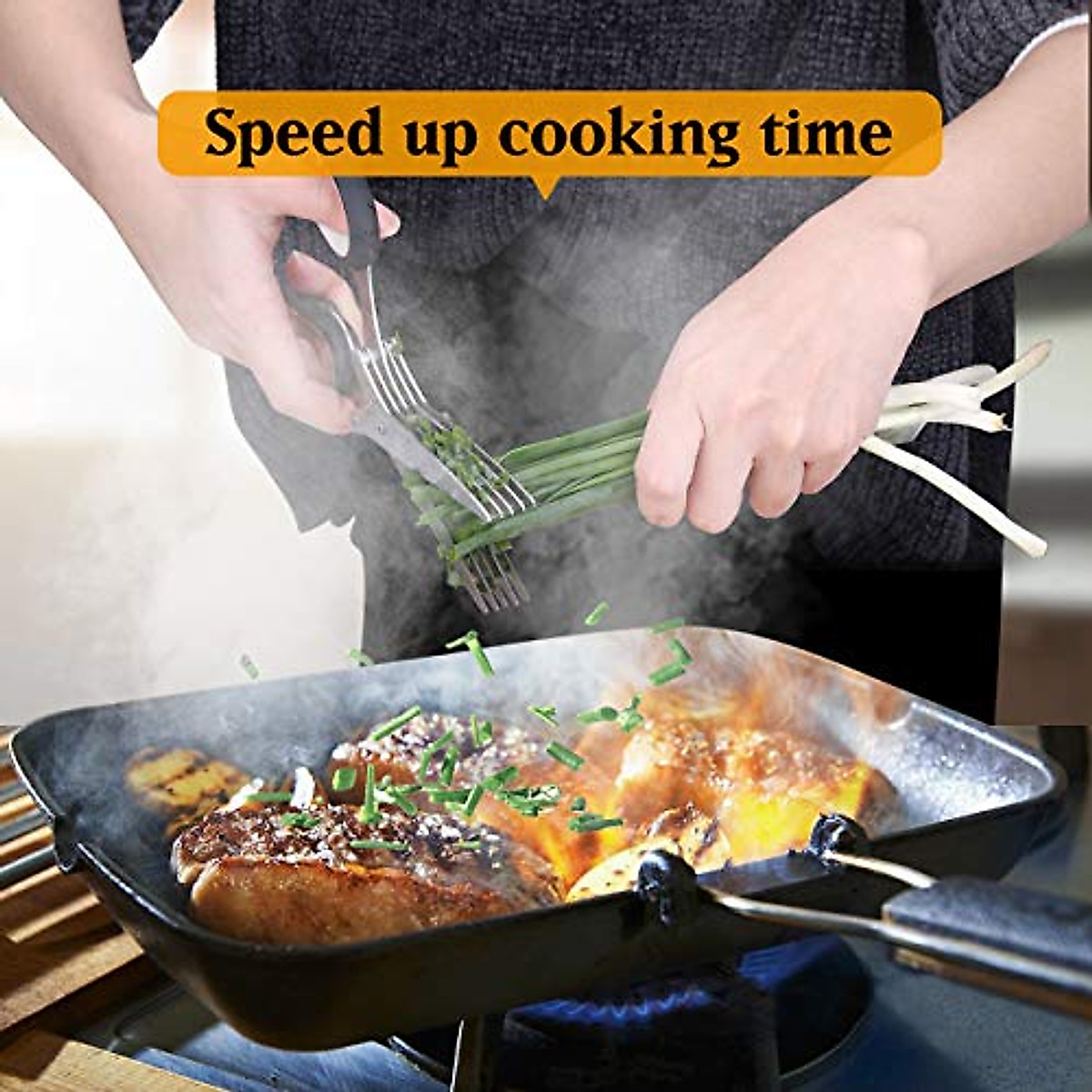 Joyoldelf Gourmet Herb Scissors Set - Master Culinary Multipurpose Cutting Shears with Stainless Steel 5 Blades, Herb Stripper, Safety Cover and Cleaning Comb for Cutting Cilantro Onion Salad