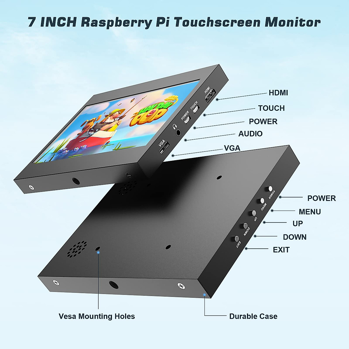 APROTII RasPi Touchscreen Monitor, 1024X600 7" IPS RasPi Screen with Case, Capacitive Touch Screen Display USB/HDMI for PC Phones RasPi 4B 3B+ 3B 3A+ 2B B+ (with Stand)