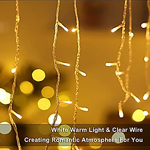 Blingstar Icicle Lights 32.8Ft 300 Led 8 Modes Christmas Lights Plug in Warm White String Lights for Christmas Wedding Party Home Garden Bedroom Indoor Outdoor Decoration