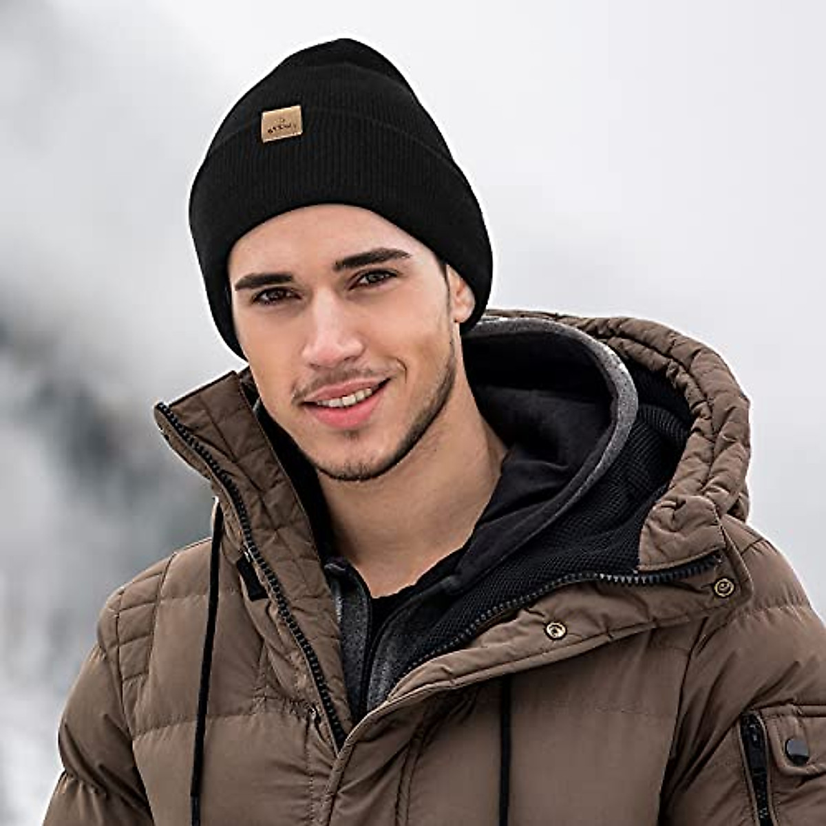 Hysnan Mens Beanie Merino Wool Warm Hats for Women Men Knit Slouchy Double Layer Warm Cuffed Skull Beanie Skiing Skating Black