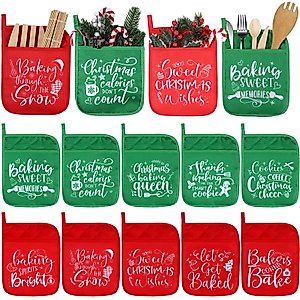 Yaomiao 10 Pcs Christmas Pot Holders with Pocket Fall Pot Holder Potholder Gift Hot Pads Heat Resistant Oven Mitts Cookie Bag for Kitchen Baking Cooking (Red, Green,Simple)