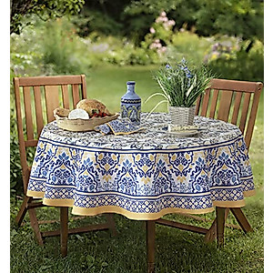 Home Bargains Plus Provence Allure Arabesque Yellow and Blue Floral Bordered Country French Fabric Tablecloth, Indoor Outdoor, Stain and Water Resistant 60" x 102" Oval