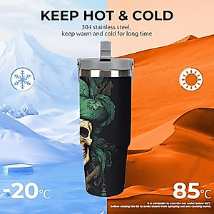 30oz Stainless Steel Insulated Tumbler with Flip Lid & Straw, Leakproof Travel Mug for Car, Pirate Skull Double Wall Vacuum Thermal Coffee Cup with Handle, Spill-Proof Design for Hot/Cold Drinks