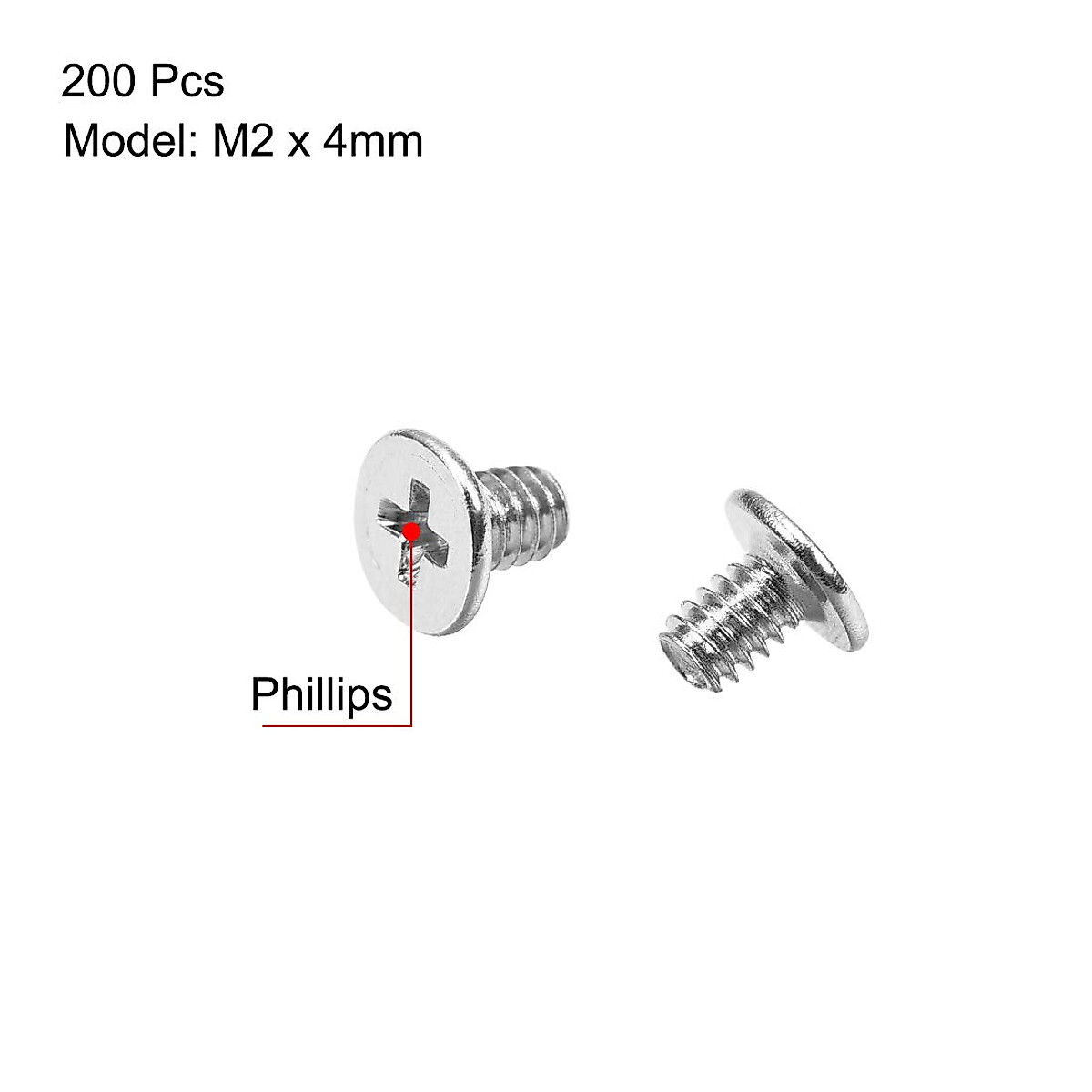 uxcell M2x4mm Phillips Screw Fastener Silver Tone 3.8mm Dia Screw Head for Laptop PC TV Fan Switch 200pcs