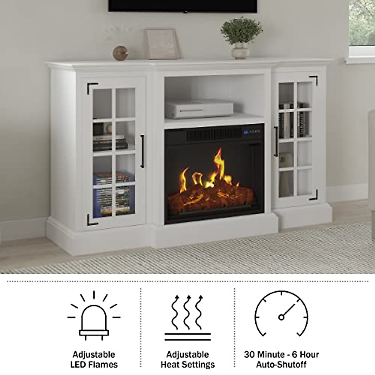 TV Stand with Electric Fireplace Fits TVs up to 65-Inches - Media Console with Storage Cabinet, Adjustable Heat, and LED Flames by Northwest (White)
