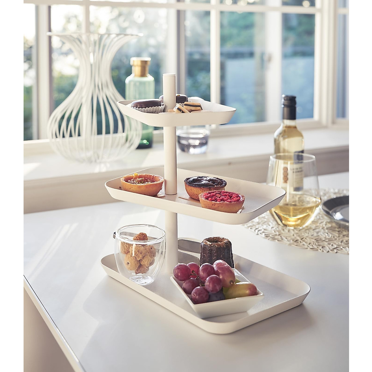 Yamazaki Home 3-Tier Serving Stand - Appetizer Tray Organizer for Party or Kitchen Steel One Size White