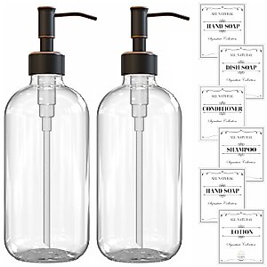 Sunrise Premium 2 Pack Clear Glass Soap Dispenser 16 OZ with Oil Rubbed Bronze Stainless Steel Pump, Hand and Dish Soap Dispenser Set for Bathroom and Kitchen Sink with 6 Waterproof Labels