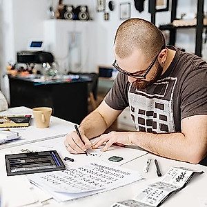 ARTEZA Hand Lettering Pens, 12-Piece Calligraphy Set for Beginners, 5 Micro-Line Pens, 2 TwiMarkers, Gel Pen, Bullet Marker, Pencil, & Eraser, Art Supplies with a Guidebook