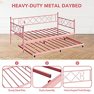 GarveeHome Twin Metal Daybed with Trundle, Premium Steel Slat Support, Space Saving Trundle Sofa Bed for Living Room, Bedroom and Guest Room, Pink