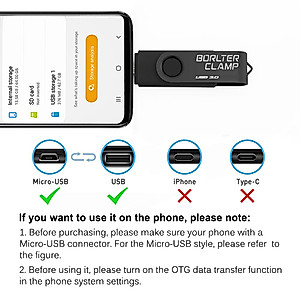 BorlterClamp 32GB USB 3.0 Flash Drive Dual Port Memory Stick, OTG Thumb Drive with Micro USB Drive Port for Android Smartphone Tablet & Computer (Black)