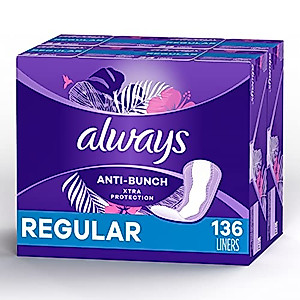 Always Anti-Bunch Xtra Protection, Panty Liners for Women, Regular, Unscented, 136 Count