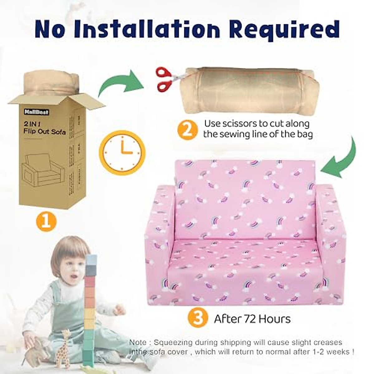 MallBest Kids Sofas Toddler Couch Bed Baby's Upholstered Chair Sleepover Couch Flipout Open Recliner(Pink/Rainbow)