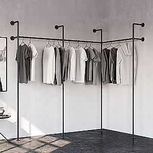 pamo Industrial Loft Design Kim III Edge Clothes Rail Over Corner Coat Rack for Walk-In Wardrobe Wall I Bedroom Clothes Rack Made of Black Sturdy Tubes for Wall Mounting