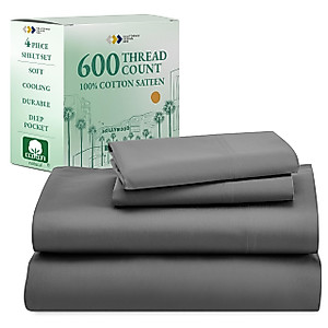 California Design Den Luxury Queen Size Sheet Set - 100% Cotton, 600 Thread Count Deep Pocket Queen Sheets, Hotel-Quality Bedding with Sateen Weave - Grey