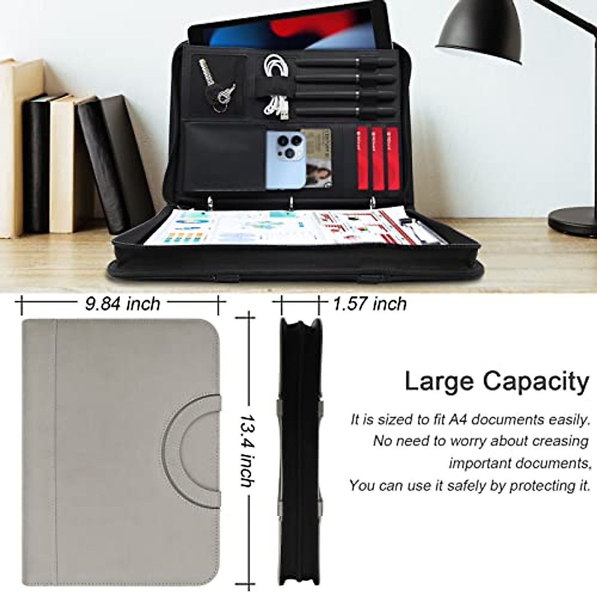 Portfolio Binder Organizer with Handle, 13.4 * 10 * 1.6 Inch Zippered Padfolio, Writing Pad Notepad Legal Size Detachable Business Folder Resume Interview Gift for Men Women (Gray)